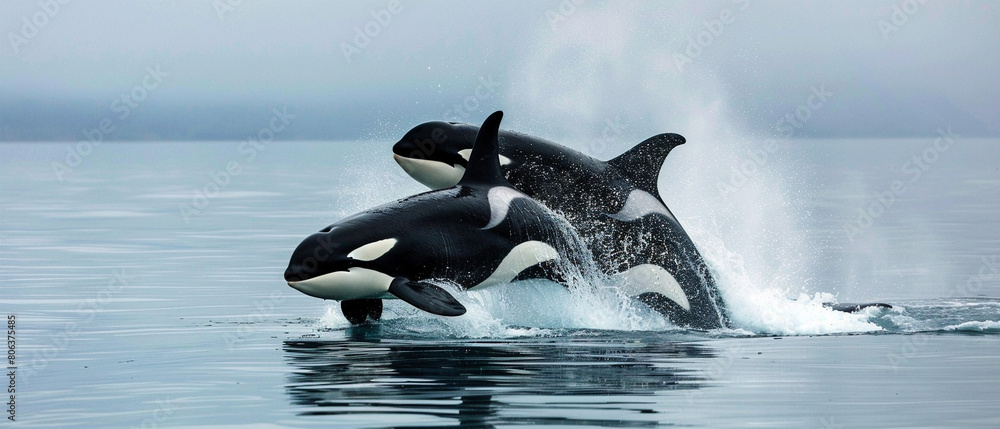 Powerful orcas jumping high above the ocean waves in a majestic display ...