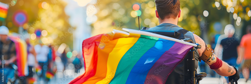 Back view disabled gay man in wheelchair with rainbow LGBTQ flag ...