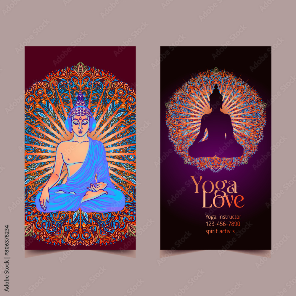 Stretch and Strength. Yoga card, flyer, poster, mat design. Colorful ...
