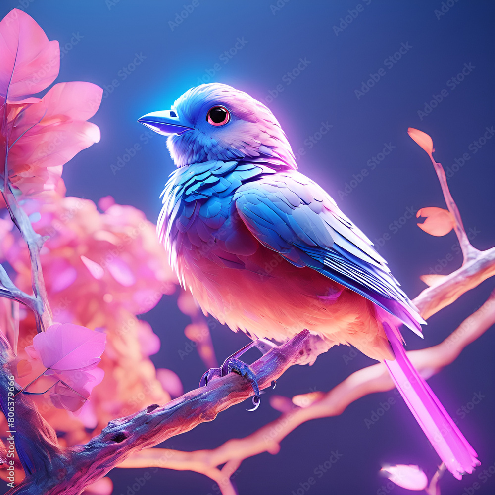 Bird perched on a stylized platform, emanating a Faint blue and pink ...
