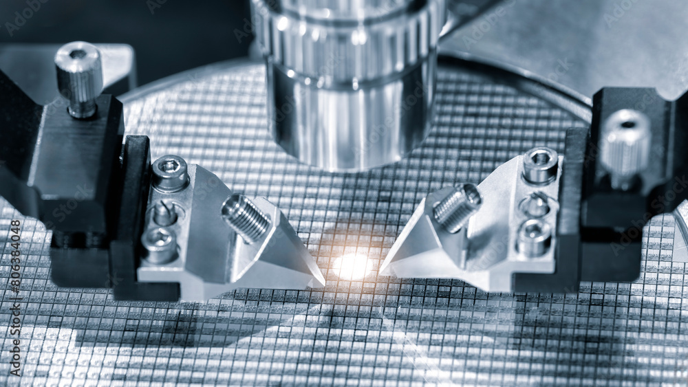 Machine Checking Silicon Wafers In Clean Room Laboratory Close Up Silicon Wafers And