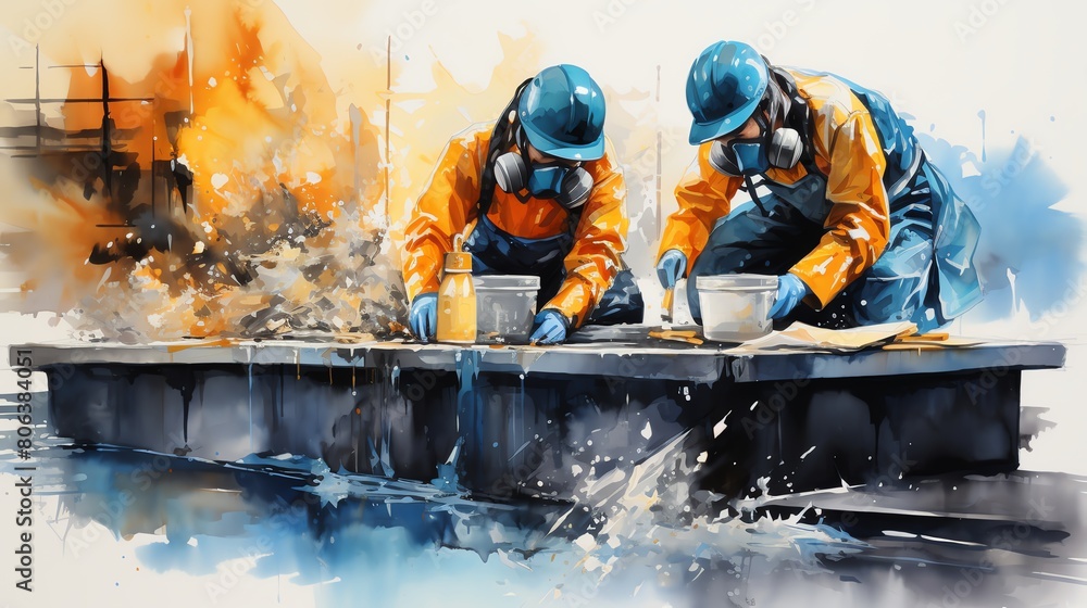 Vivid watercolor painting capturing two construction workers intensely ...