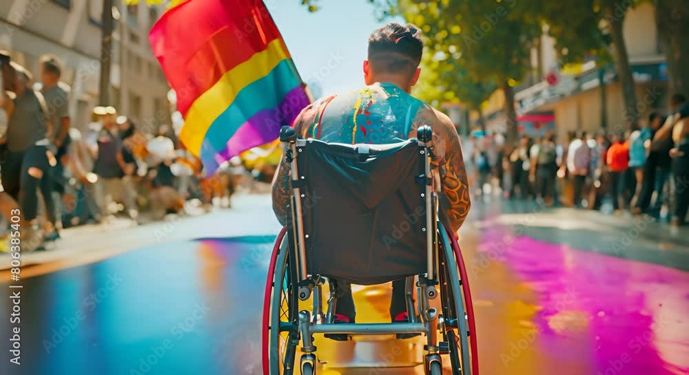 Back view disabled gay man in wheelchair with rainbow LGBTQ+ flag ...