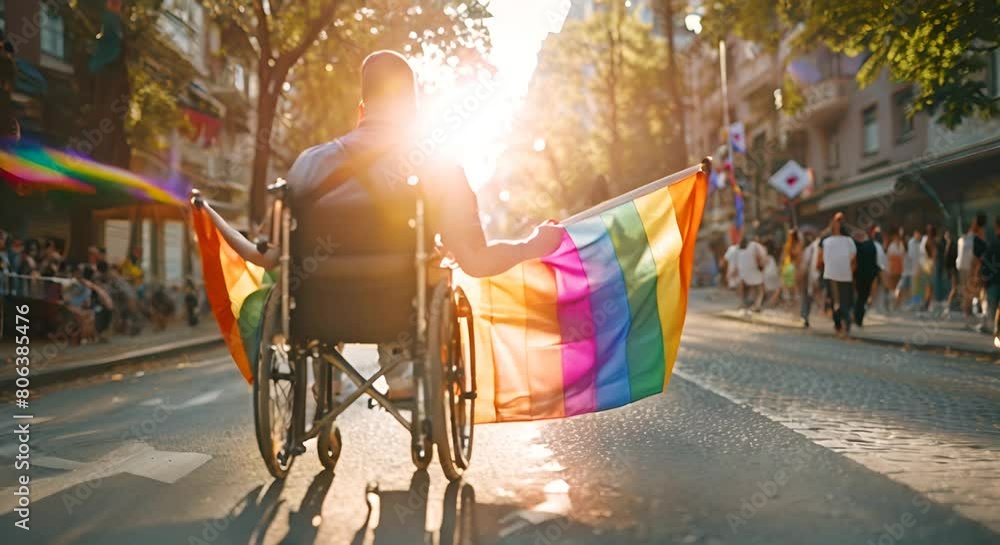 Back view disabled gay man in wheelchair with rainbow LGBTQ+ flag ...