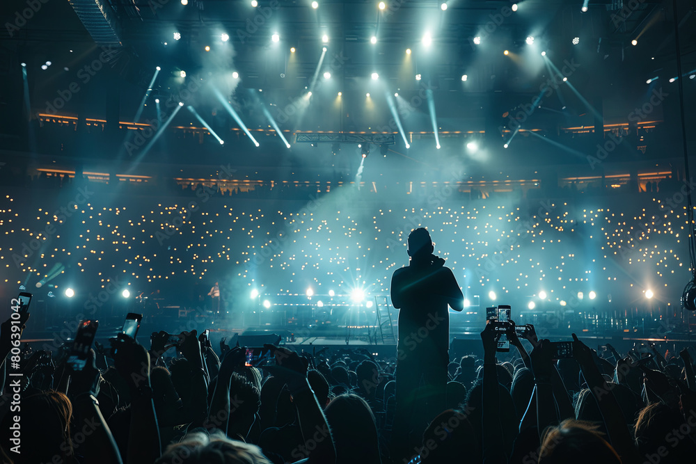 Vocalist in front of crowd on scene in stadium. Bright stage lighting ...