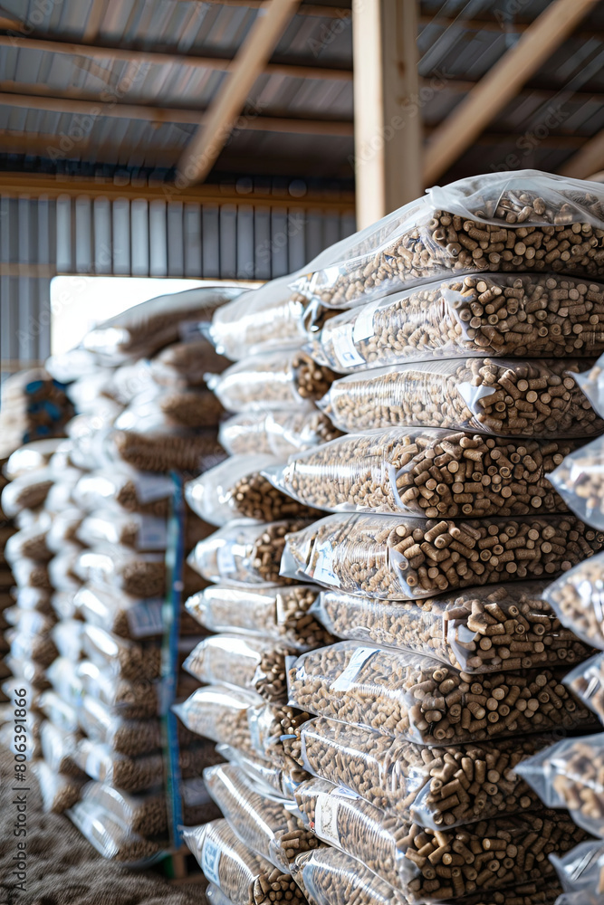 1 ton of wooden pellets packed in 15kg bags. Wooden pellets stacked in ...