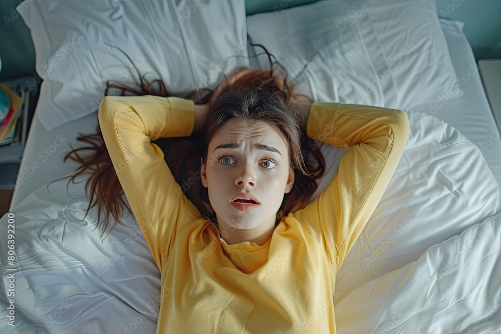 Caucasian woman suddenly wake up abruptly on bed in morning afraid ...