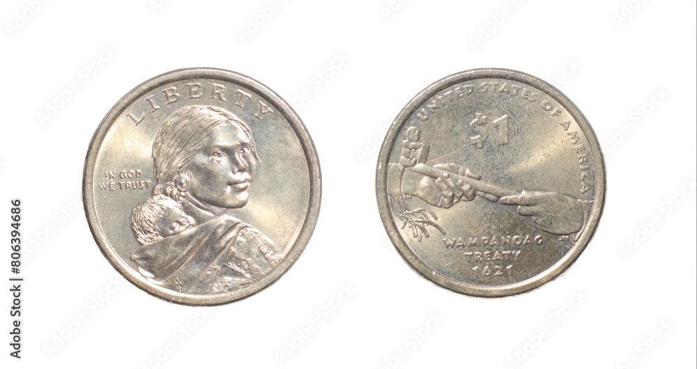 2011 Sacagawea Dollar Coin WAMPANOAG TREATY 1621 carrying her young son ...