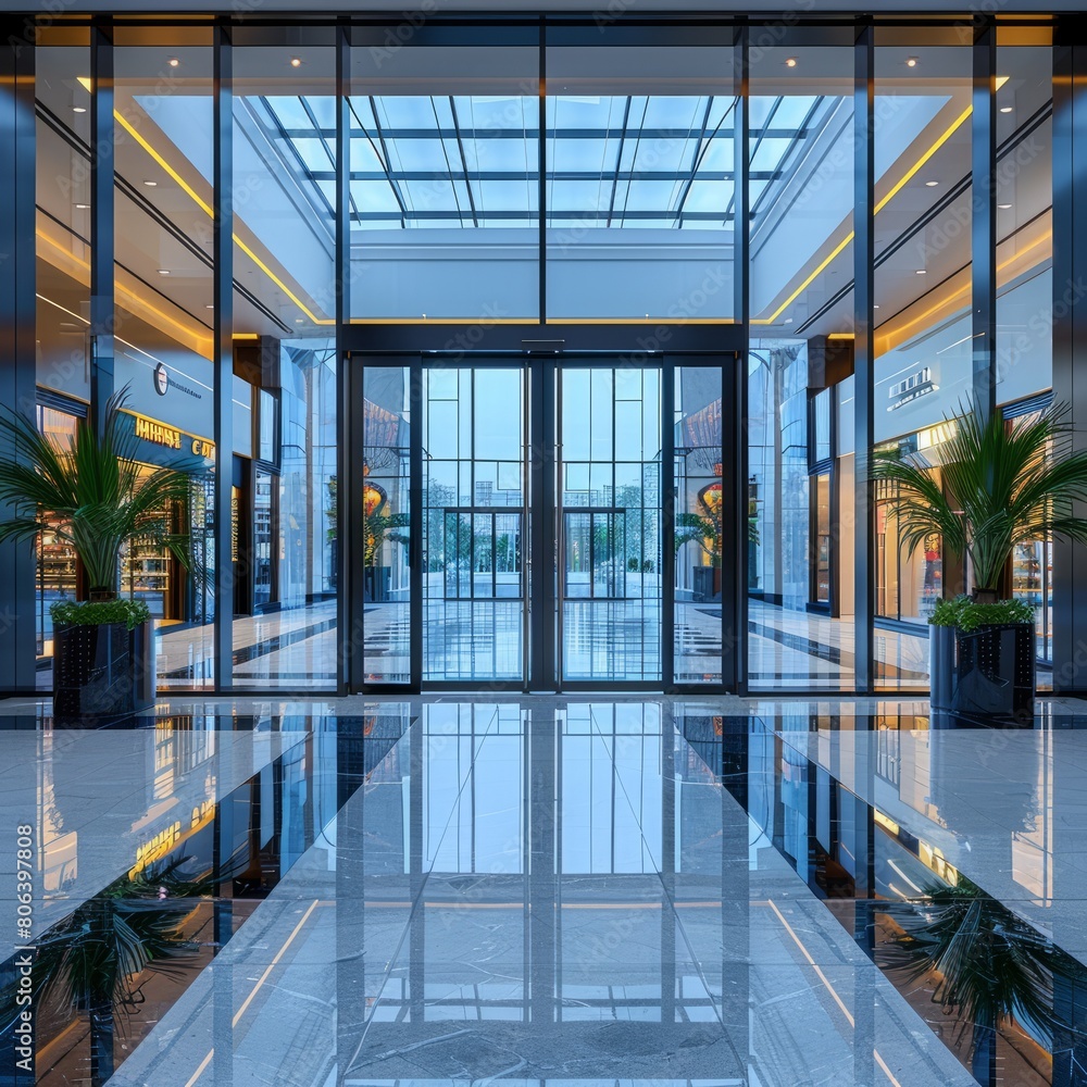 Glass entrance door. Shopping center mall entrance automatic doors with ...