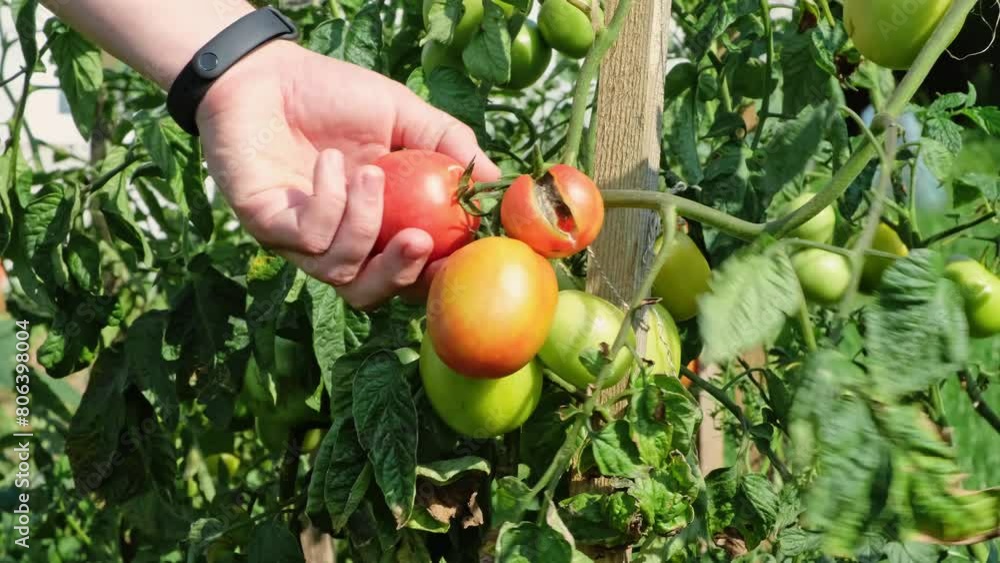 Farmer cuts a red tomato from a branch with scissors. Harvesting ripe ...