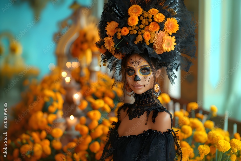 Maquillaje de catrina de una mujer joven con flores amarillas en la ...