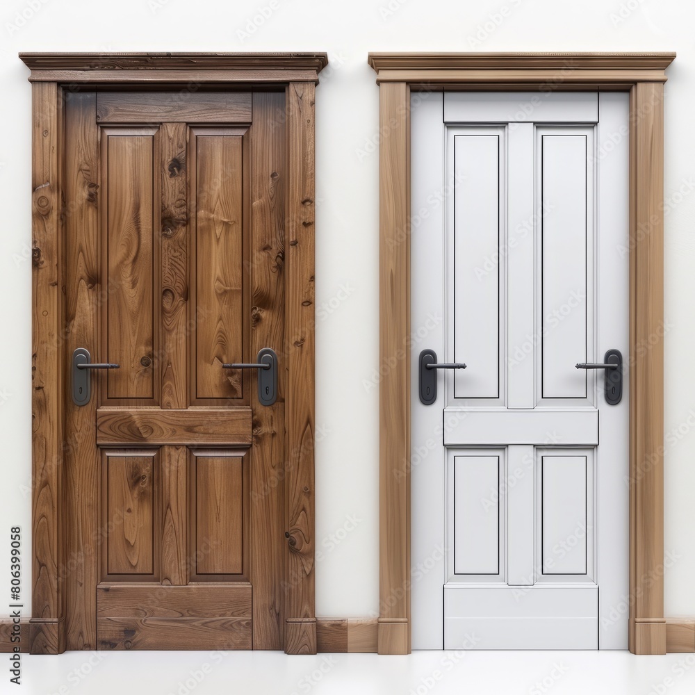 Realistic doors. 3D wooden house entrance front doors, white and brown ...