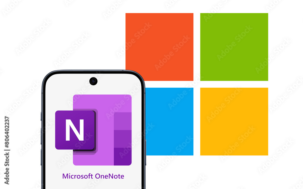 OneNote logo displayed on a modern smartphone standing on a desk, big ...