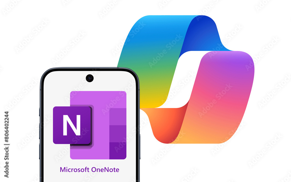 OneNote logo displayed on a modern smartphone standing on a desk, big ...