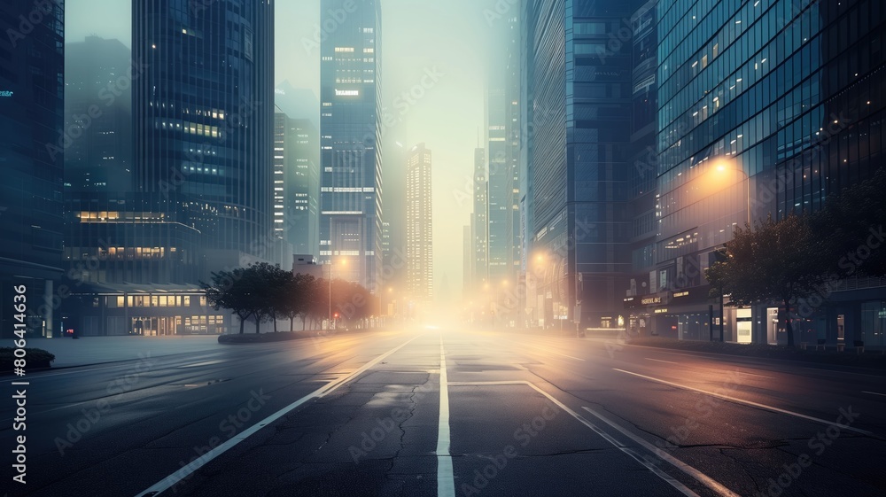 Misty dawn on deserted city street with illuminated high-rise buildings ...