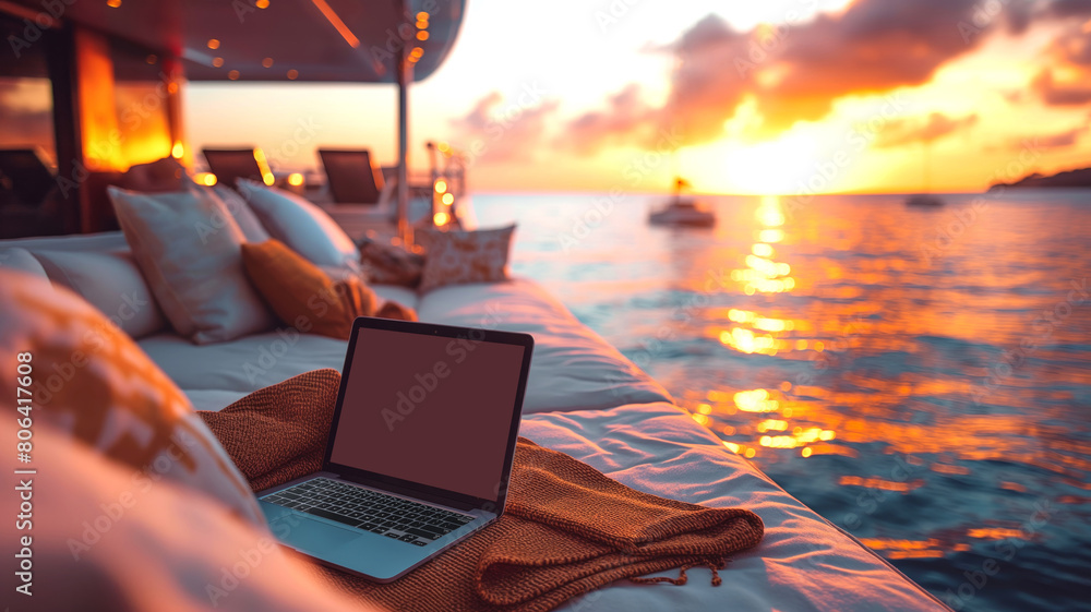 Mockup laptop, An open laptop resting on a cozy yacht deck, capturing the essence of remote work ...