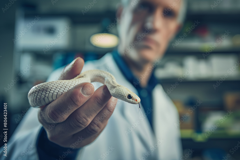 Expert herpetologist holds an albino serpent in scientific research lab ...