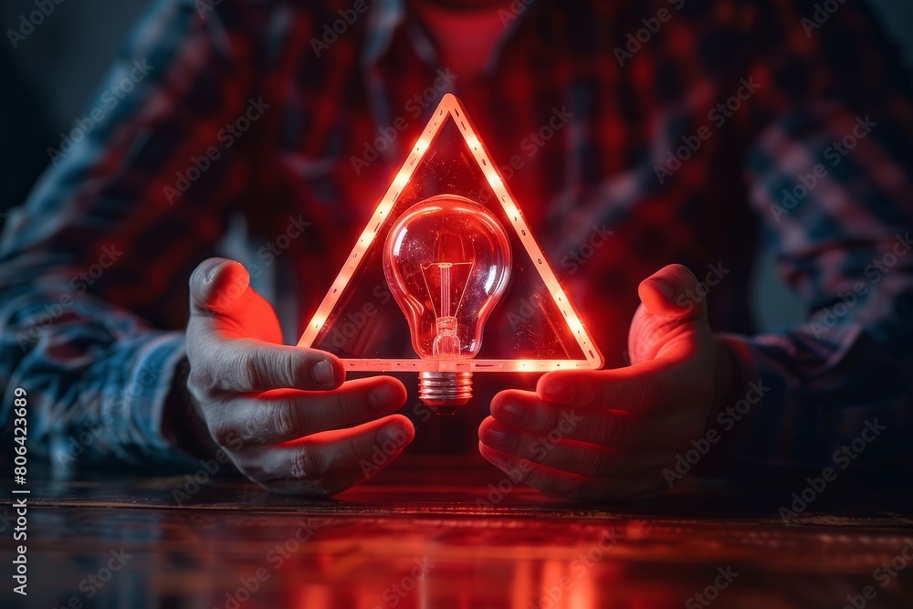 Businessman holding a light bulb with a digital red triangle warning ...