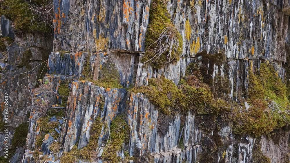 geological rock formation with vertical structure and moss covered ...