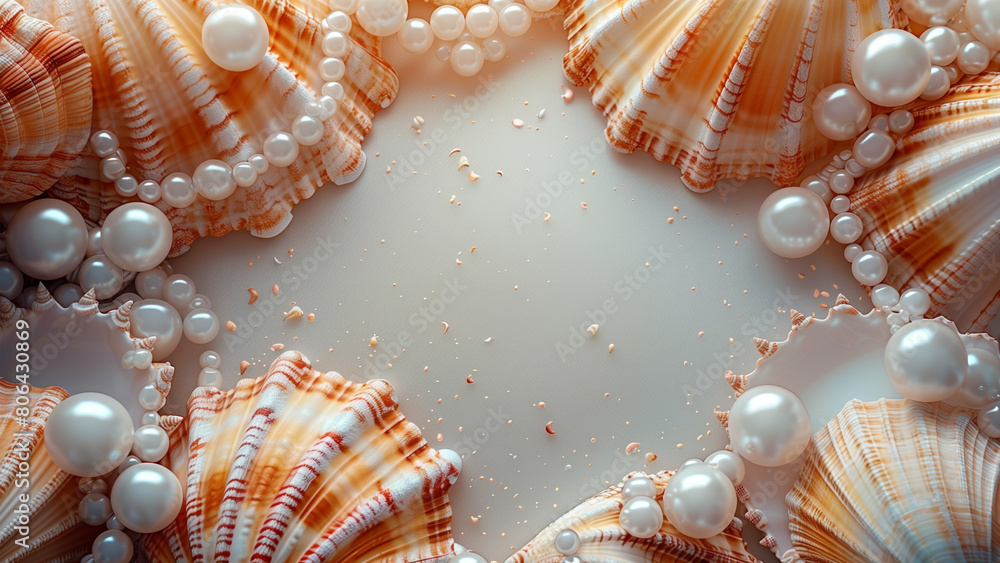 Marine mollusk shells background. Shellfish, seashells and pearls ...