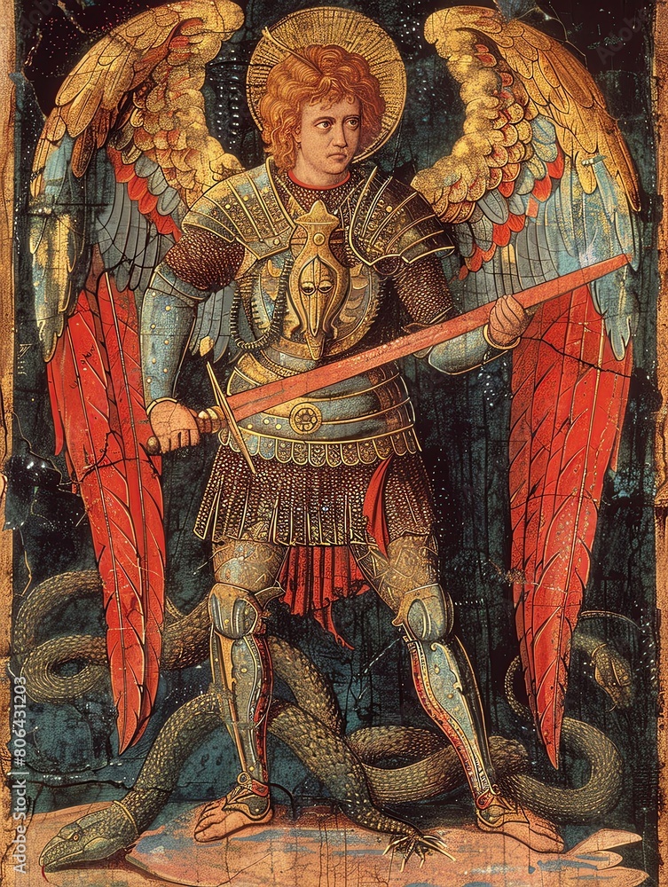 A depiction of Archangel Michael defeating the serpent, a symbol of his ...