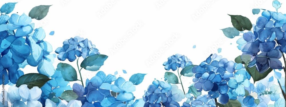watercolor blue hydrangea border frame, sky background, white space in ...