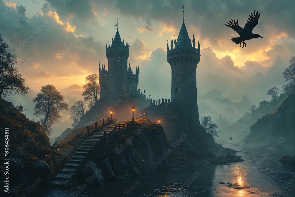 ethereal fantasy concept art of , medieval lighted lookout tower in ...