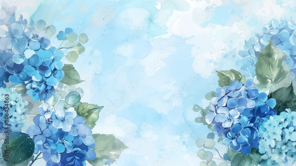 watercolor blue hydrangea border frame, sky background, white space in ...