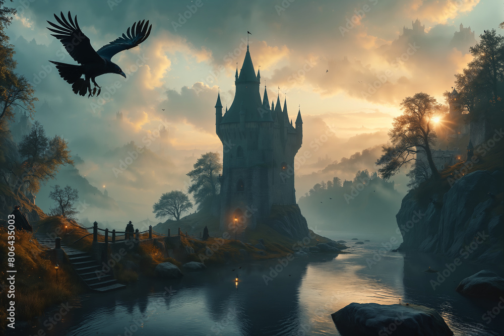 ethereal fantasy concept art of , medieval lighted lookout tower in ...