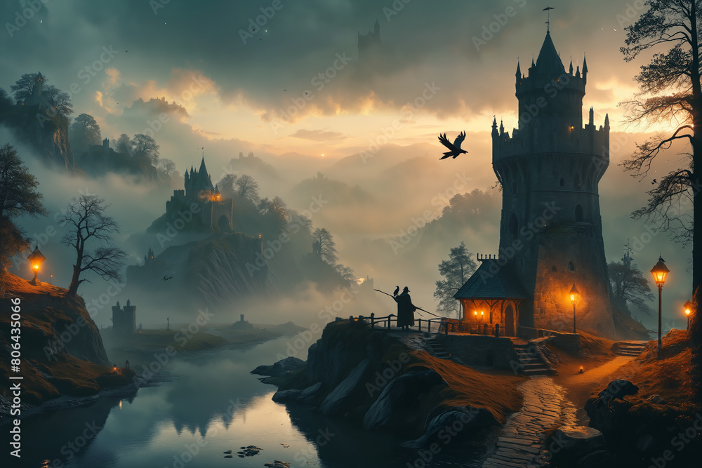 ethereal fantasy concept art of , medieval lighted lookout tower in ...