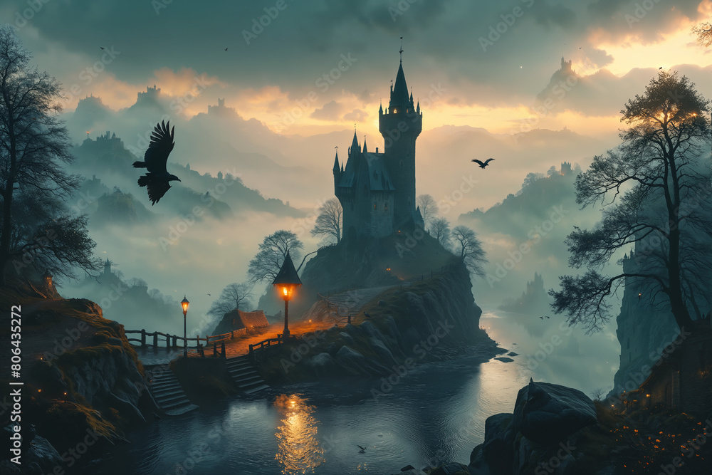 ethereal fantasy concept art of , medieval lighted lookout tower in ...