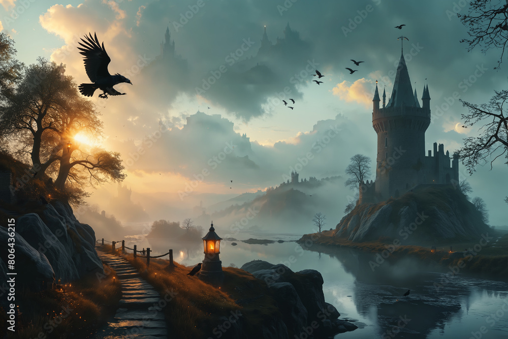 ethereal fantasy concept art of , medieval lighted lookout tower in ...
