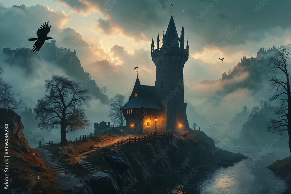 ethereal fantasy concept art of , medieval lighted lookout tower in ...