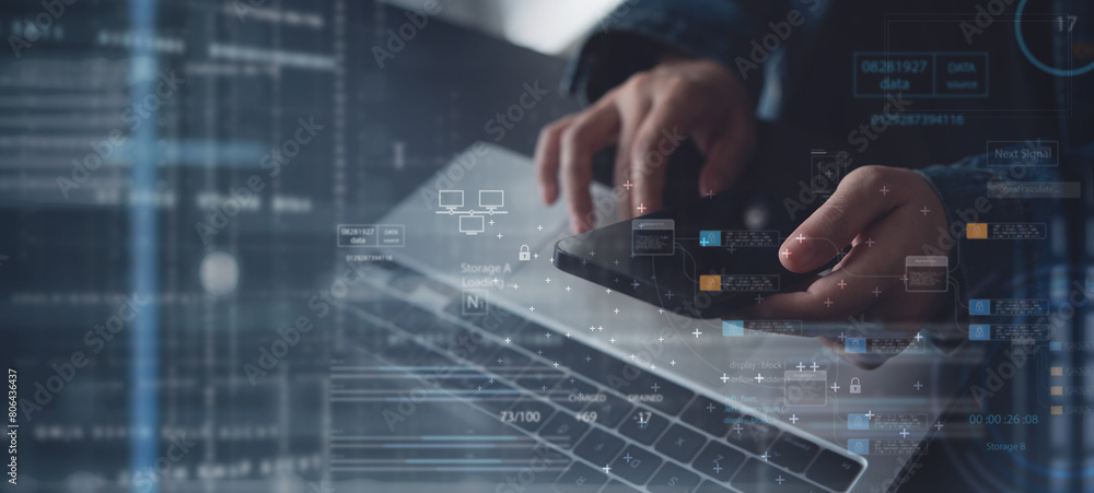 Data Engineering, software engineer using computer and mobile phone ...