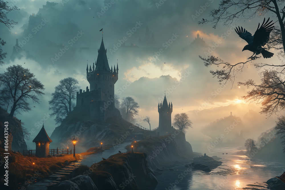 ethereal fantasy concept art of , medieval lighted lookout tower in ...