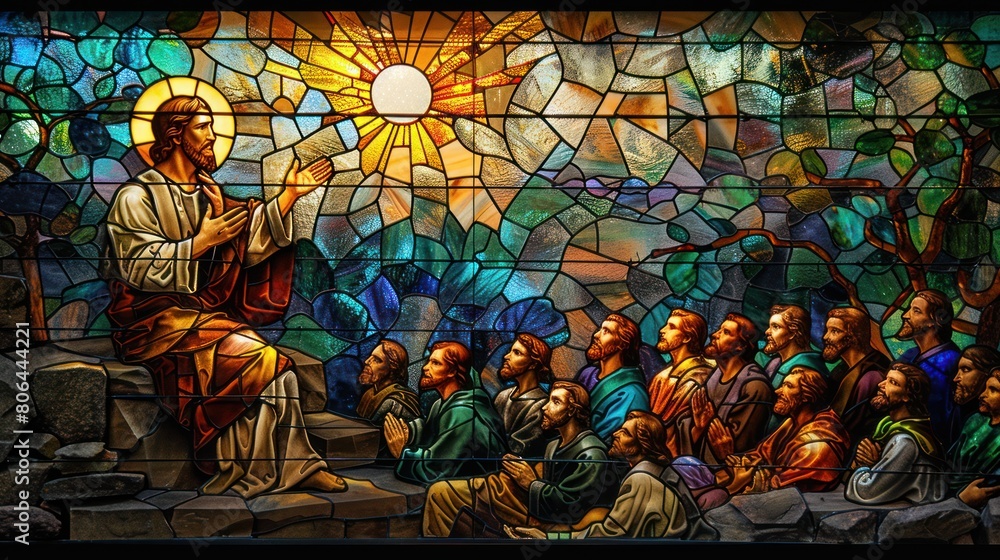 Stained Glass Jesus: Sermon on the Mount with Blues & Greens, Golden ...