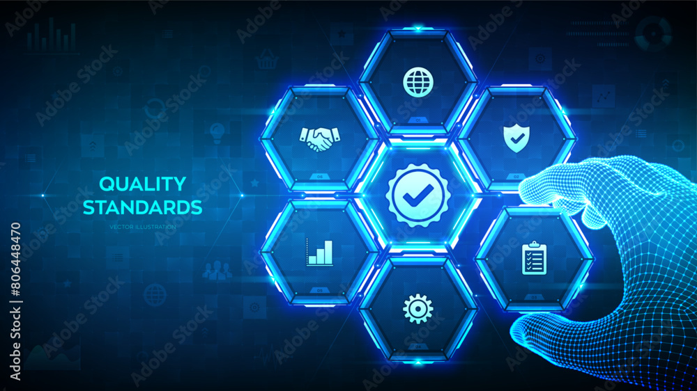 Quality control. Quality standards control assurance warranty. ISO ...