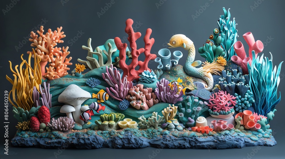 Design a whimsical clay sculpture in isometric perspective of a ...