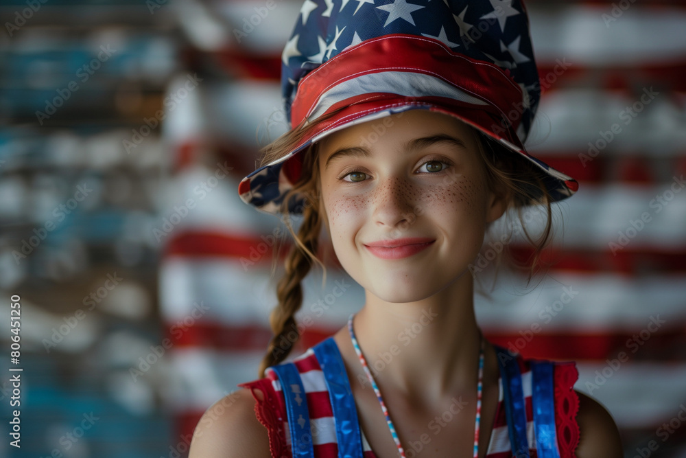 Young majorette dressed in the colors of the American flag for ...