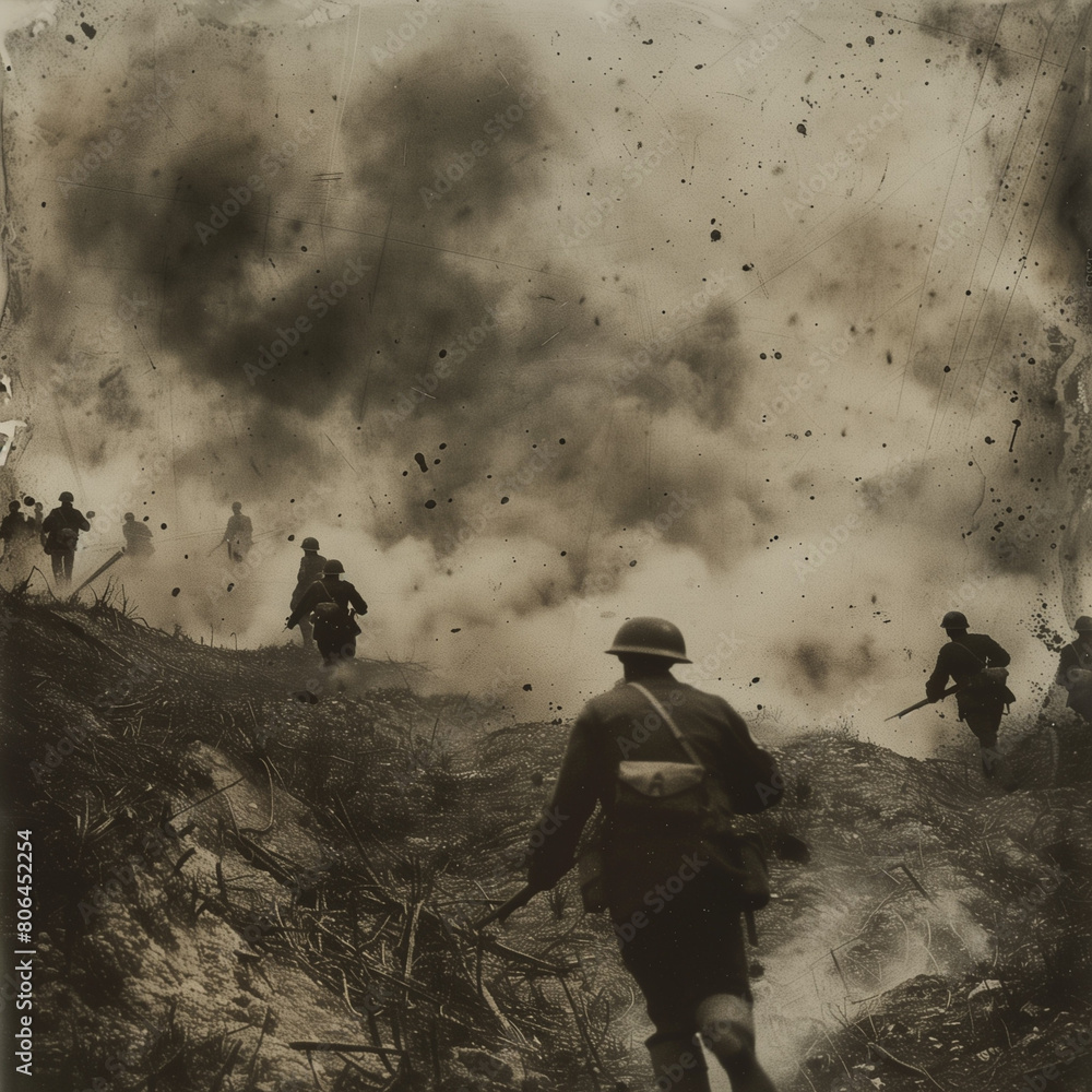 Black and white photograph of soldiers from World War I, running on the ...