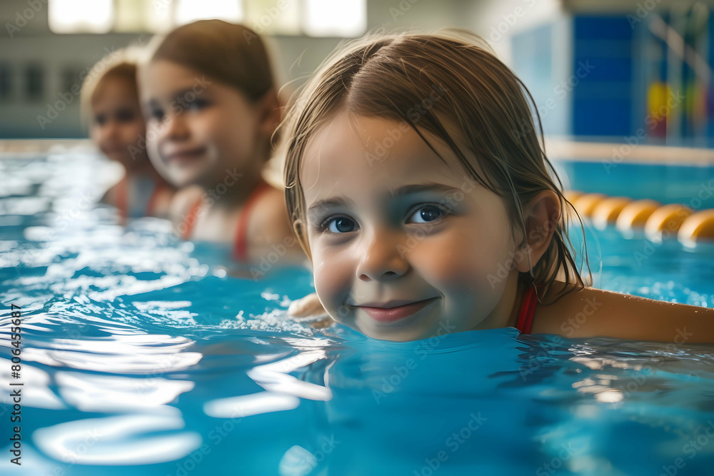 Group of happy kids learning swimming in indoor summer pool. Happy ...