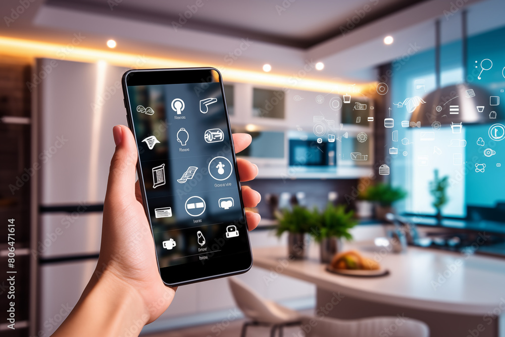 The scene depicts people using AI-enabled devices at home to manage ...