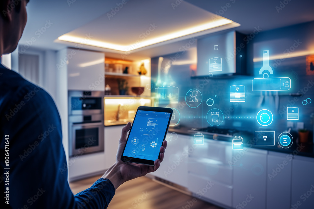 The scene depicts people using AI-enabled devices at home to manage ...