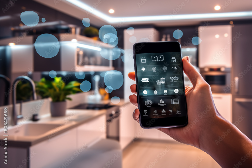 The scene depicts people using AI-enabled devices at home to manage ...