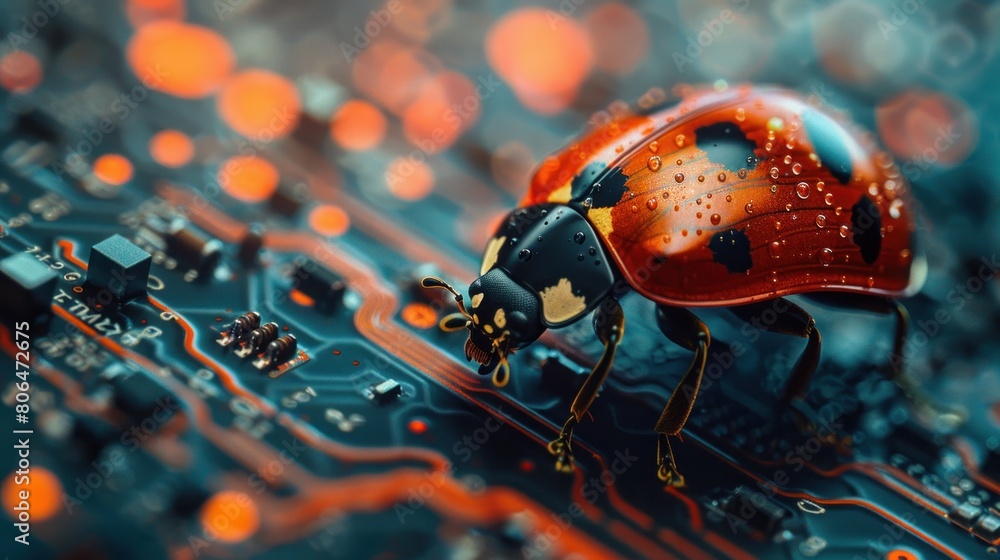 Depicting a ladybug on computer circuits represents the computer bug ...