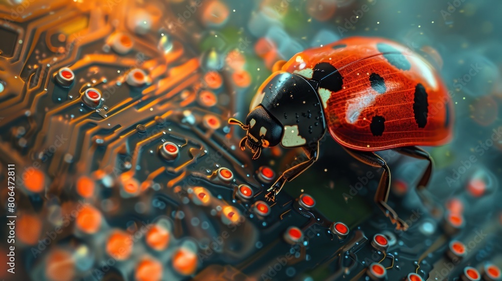 Illustrating a ladybug on computer circuits conveys the concept of computer bugs and the actions ...