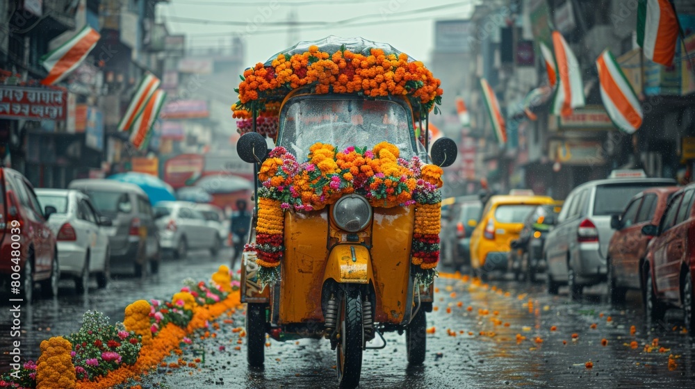 Auto-rickshaw decorated with Indian flags and floral garlands, bustling ...