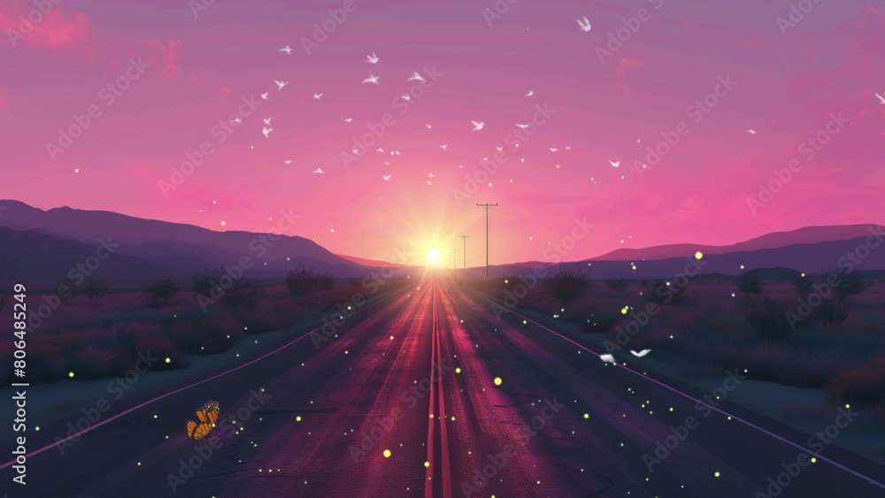 flat two lane blacktop highway heads into the pink sky color. seamless ...