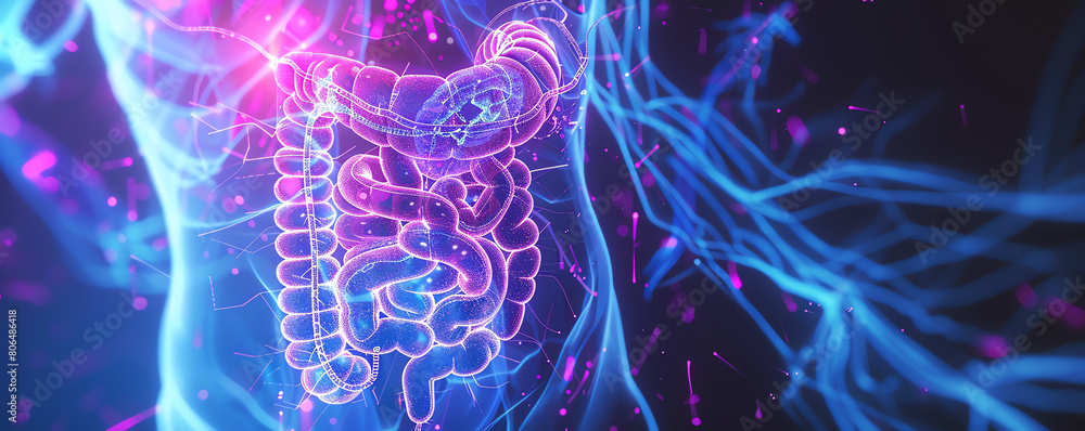 A conceptual 3D rendering of the human digestive system where the small ...