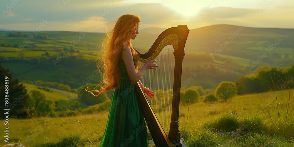 Emerald Isle concept. Portrait of beautiful red-haired young woman playing musical instrument ...